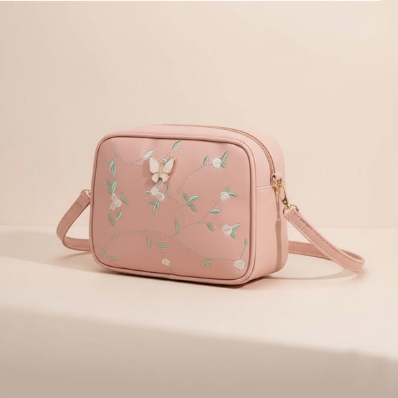 Home Floral Embroidered Crossbody Bag with Butterfly Charm Pink